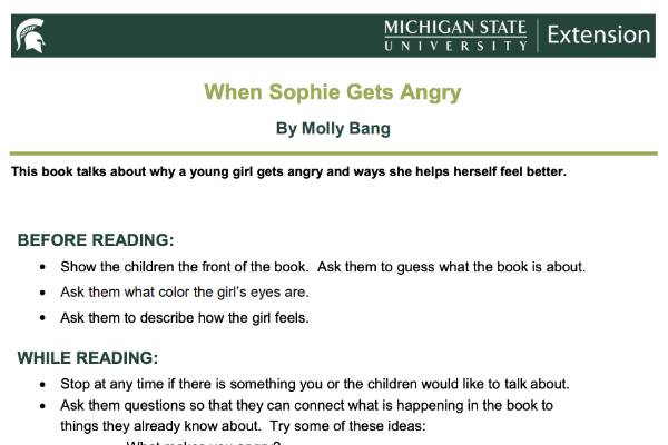 “When Sophie Gets Angry” Family Book Sheet - Child & Family Development