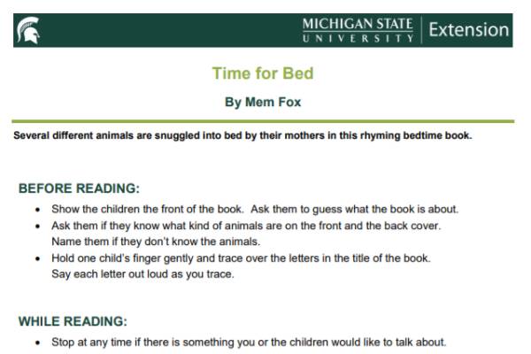 "Time for Bed" Family Book Sheet - Child & Family Development